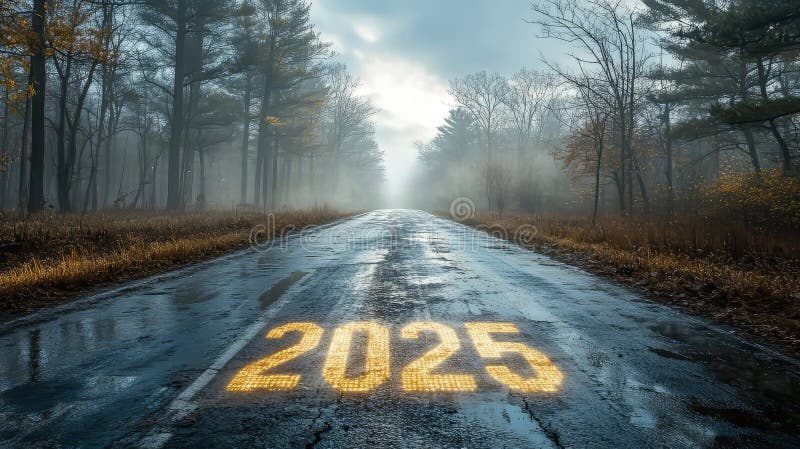 A Misty Road Leading To the Future Marked with the Year 2025 ...
