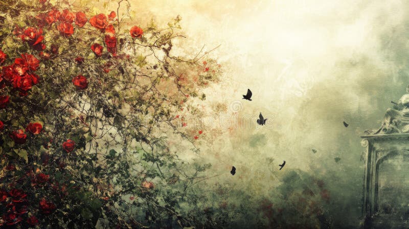 Misty Rose Garden with Birds in Flight Stock Illustration ...