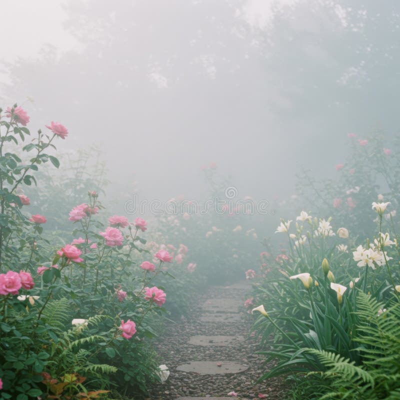 Misty Rose Garden Path stock illustration. Illustration of plants ...
