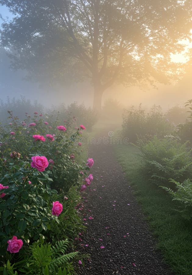 Misty Rose Garden Path at Sunrise Stock Illustration - Illustration of ...
