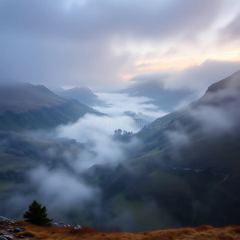 Misty Scottish Highland Valley at Dawn Stock Illustration ...
