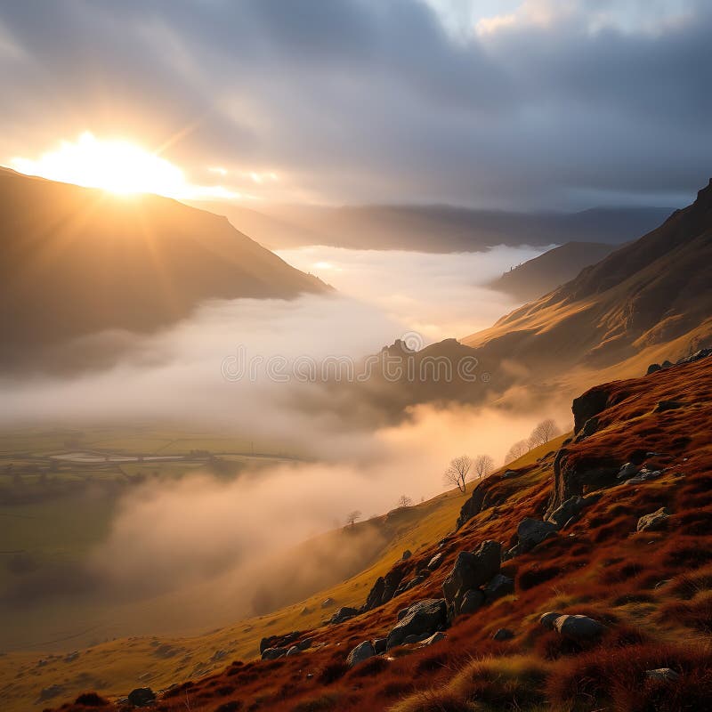 Misty Scottish Highland Valley at Dawn Stock Illustration ...