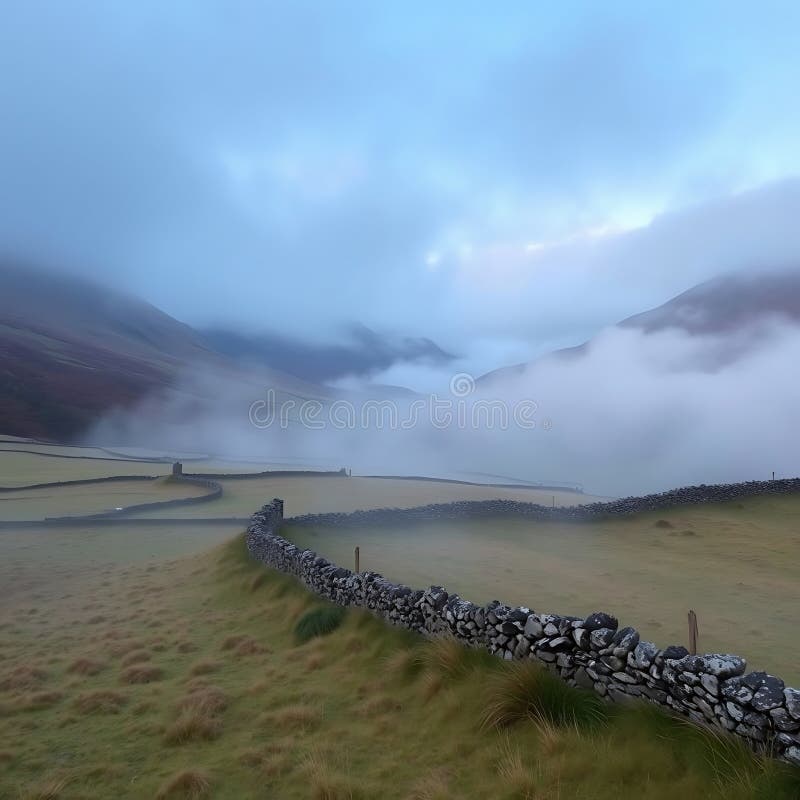 Misty Scottish Valley with Stone Fences Stock Illustration ...