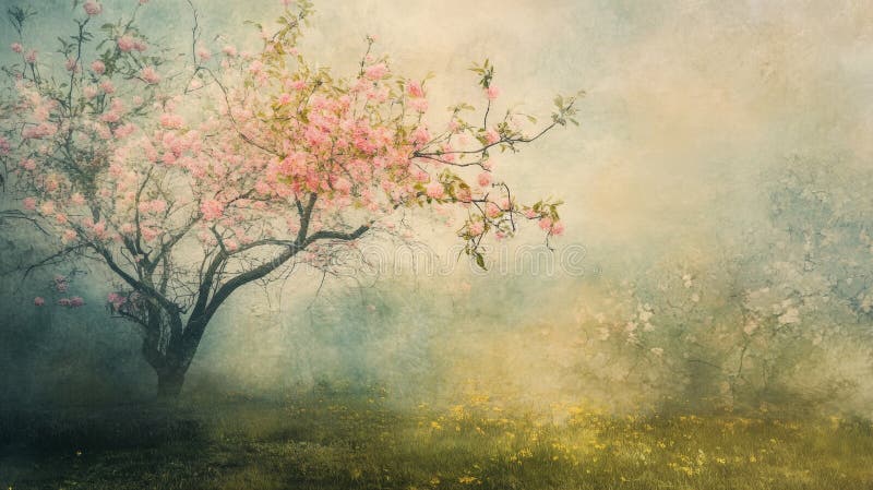 Misty Spring Blossom Landscape Stock Illustration - Illustration of ...