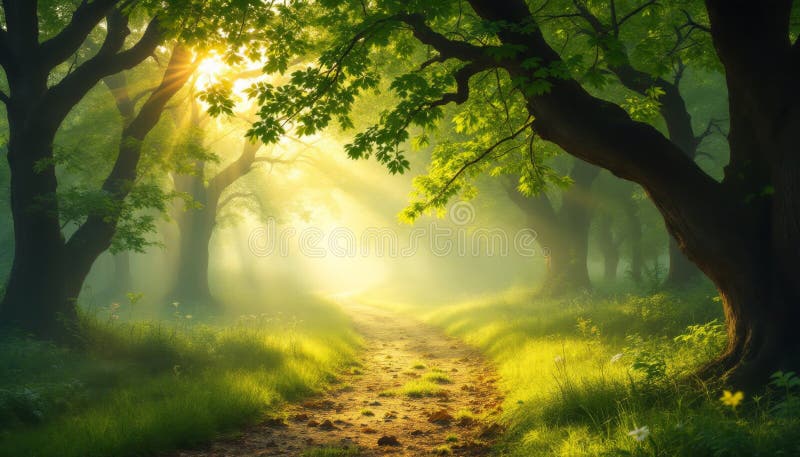 Misty Spring Forest Path with Sunlight Filtering through Green Oak ...