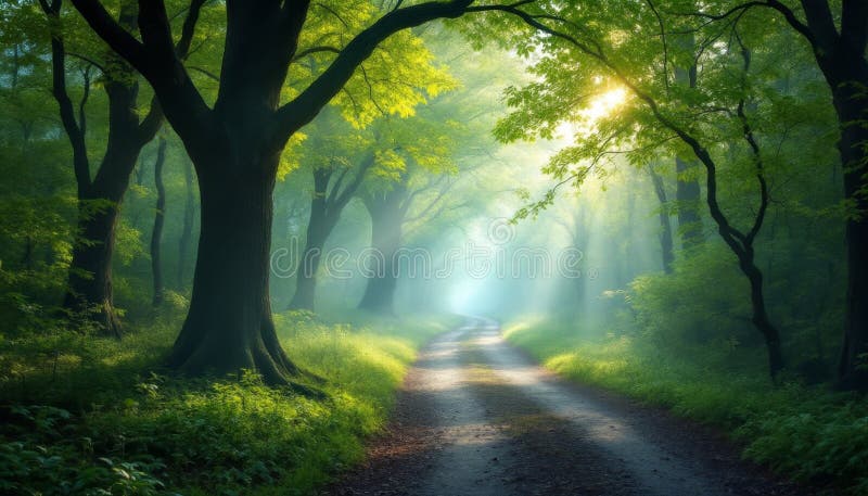 Misty Spring Forest Path with Sunlight Filtering through Green Oak ...