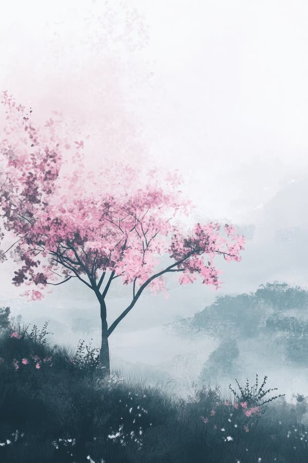 Misty Spring Landscape with Pink Blossoms Stock Illustration ...