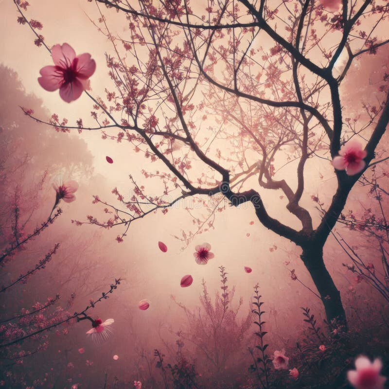 Misty Spring Morning and Cherry Blossoms Stock Illustration ...