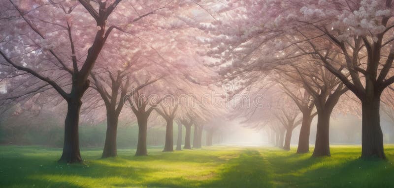 Misty Spring Morning among Cherry Trees Stock Image - Image of tranquil ...