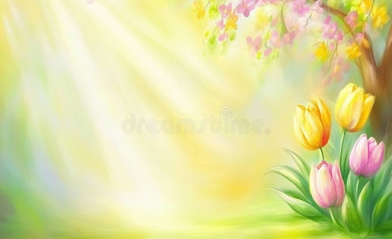 Misty Spring Scenery Includes a Flowering Meadow, Towering Trees, and a ...