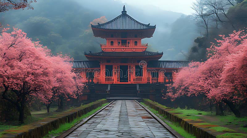 Misty Spring Temple Path, Cherry Blossoms, Japan Stock Illustration ...