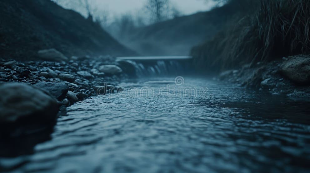 Misty Stream Flowing Over Rocks and Small Dam Stock Image - Image of ...
