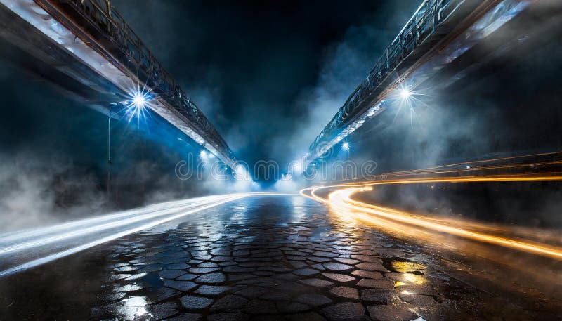 A Misty Street Illuminated by a Powerful Vertical Beam of Light, with ...
