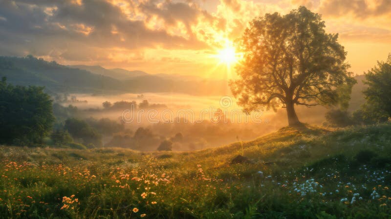 Misty Sunrise Over Forest, with Mist Rising from the Trees Stock ...