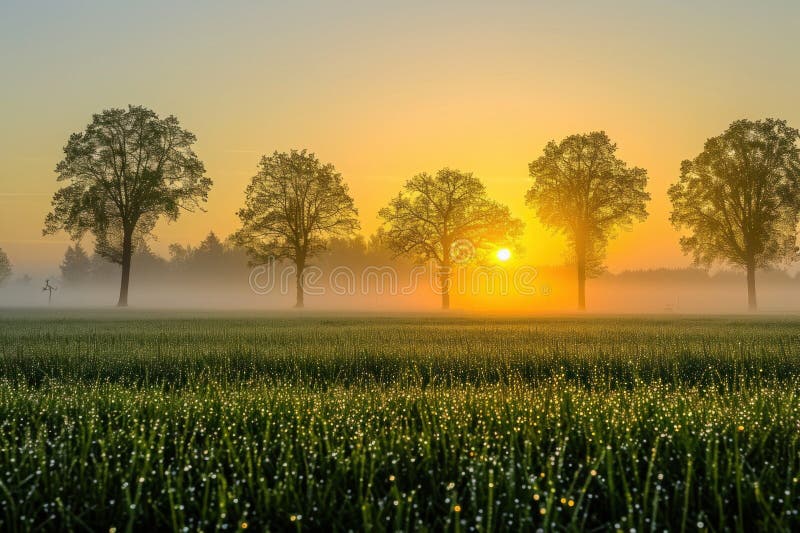 Misty Sunrise in Dewy Field Stock Illustration - Illustration of ...
