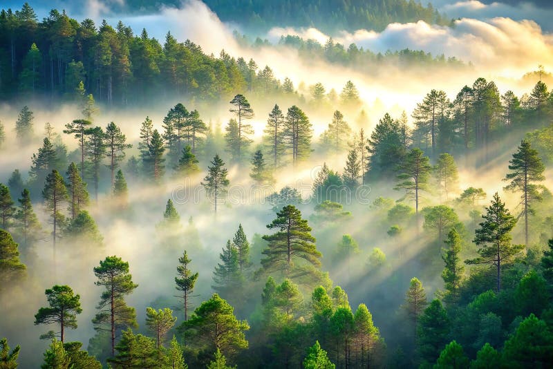 Misty Sunrise Forest Mountain View Stock Illustration - Illustration of ...