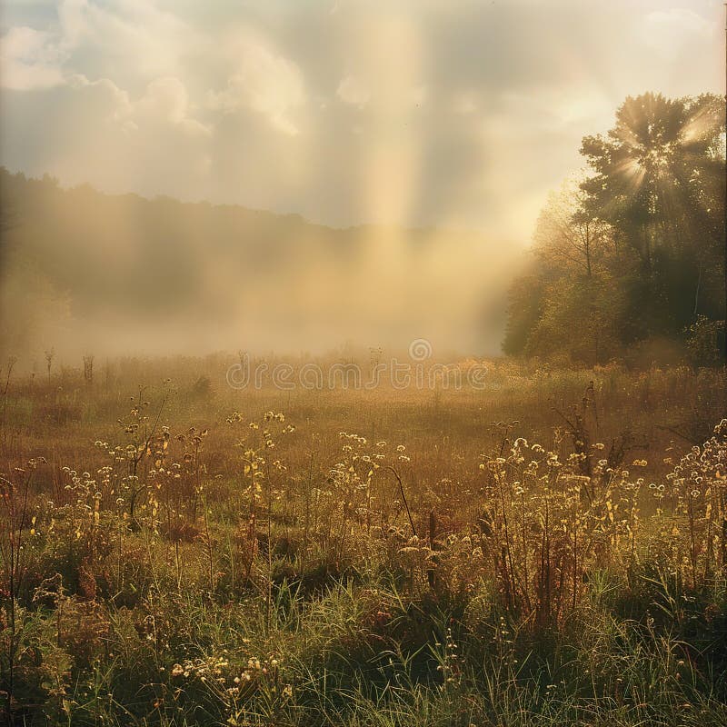 Misty Sunrise Illuminating a Field with Golden Hour Light Stock Photo ...