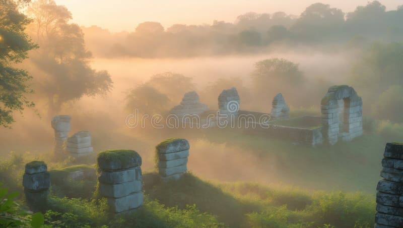 Misty Sunrise Over Ancient Stone Structures in Tranquil Landscape ...