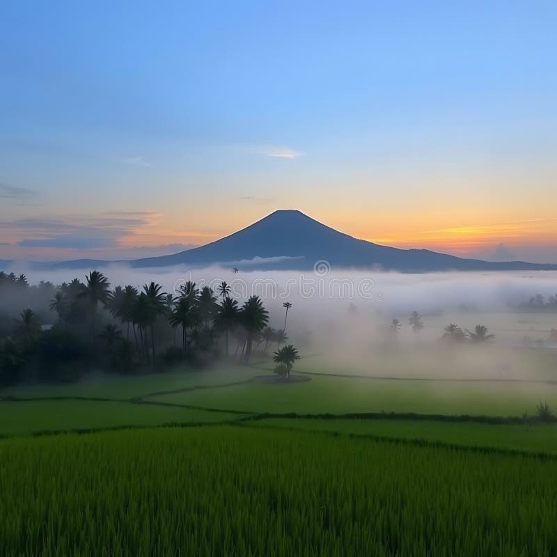 Misty Sunrise Over Forest, with Mist Rising from the Trees Stock ...