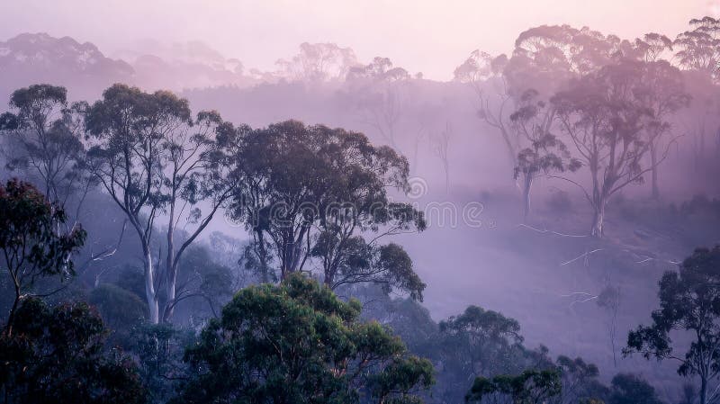 A Misty Sunrise Over a Dense Forest with Tall Trees Stock Photo - Image ...