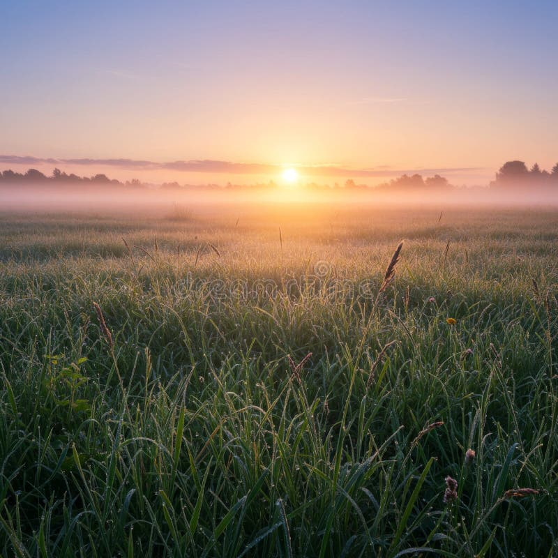 Misty Sunrise Over Dew-Covered Field Stock Illustration - Illustration of soft, summer: 384355204
