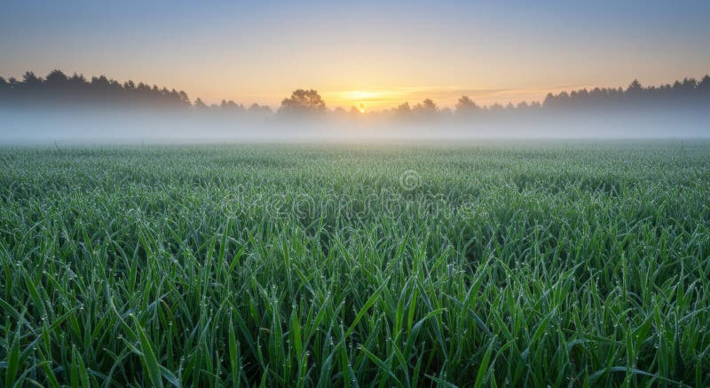 Misty Sunrise Over Dew-Covered Green Field Stock Photo - Image of ...