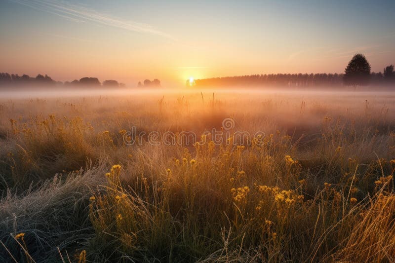 Misty Sunrise Over Forest, with Mist Rising from the Trees Stock Illustration - Illustration of ...