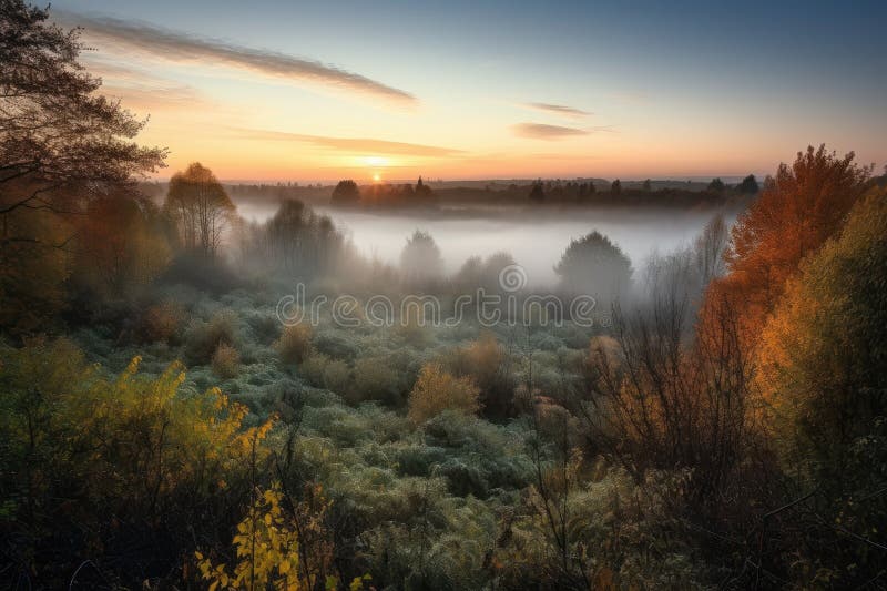 Misty Sunrise Over Forest, with Mist Rising from the Trees Stock ...