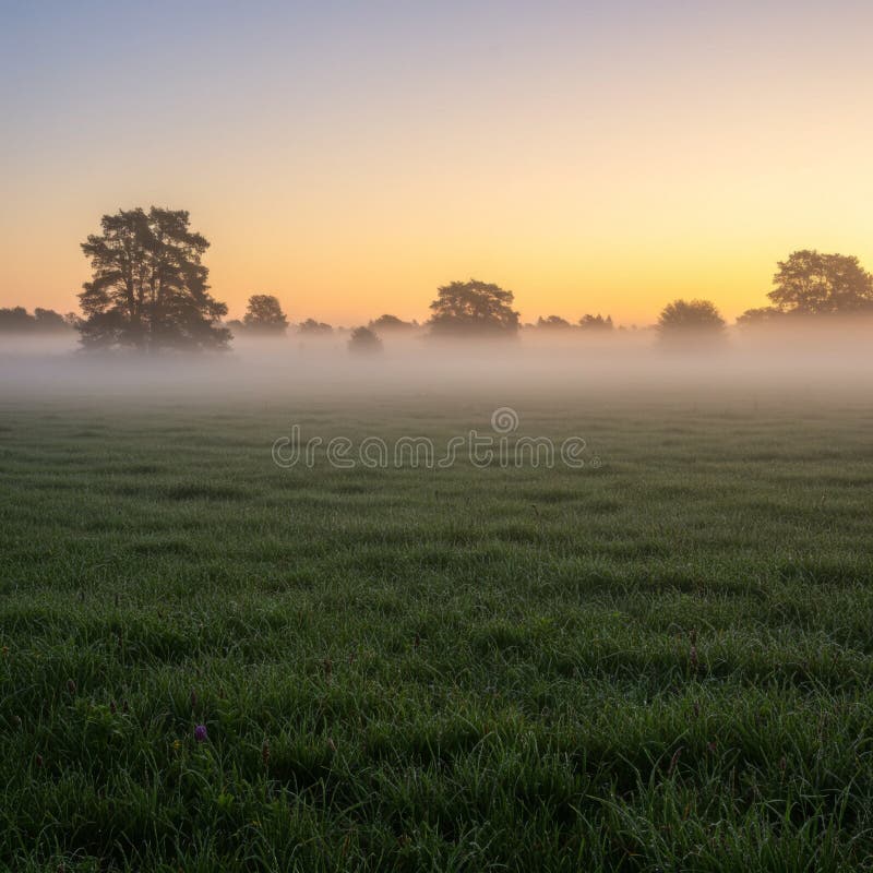 Misty Sunrise Over Forest, with Mist Rising from the Trees Stock ...