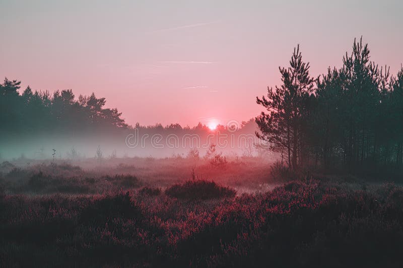 Misty Sunrise Over Forest, with Mist Rising from the Trees Stock ...