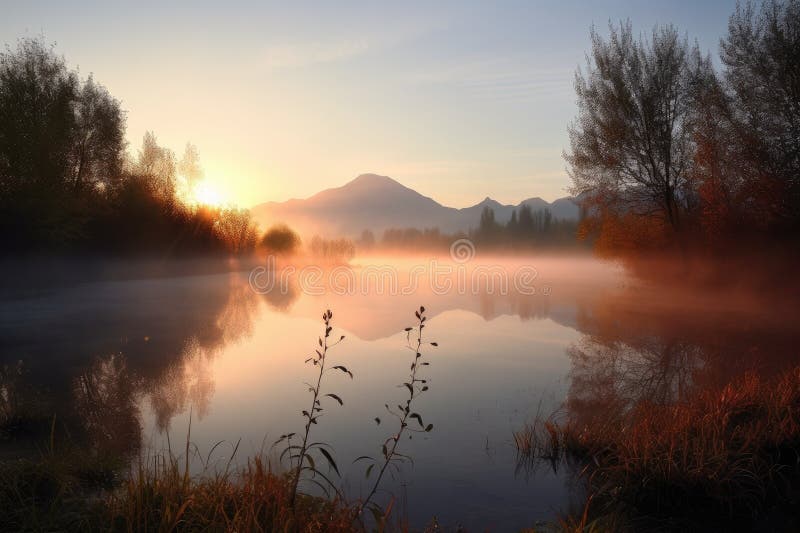 Misty Sunrise Over Lake, with Reflections of Trees and Mountains Stock ...