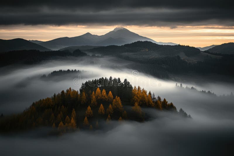 Misty Sunrise Over Mountainous Landscape with Autumn Trees Stock Photo ...