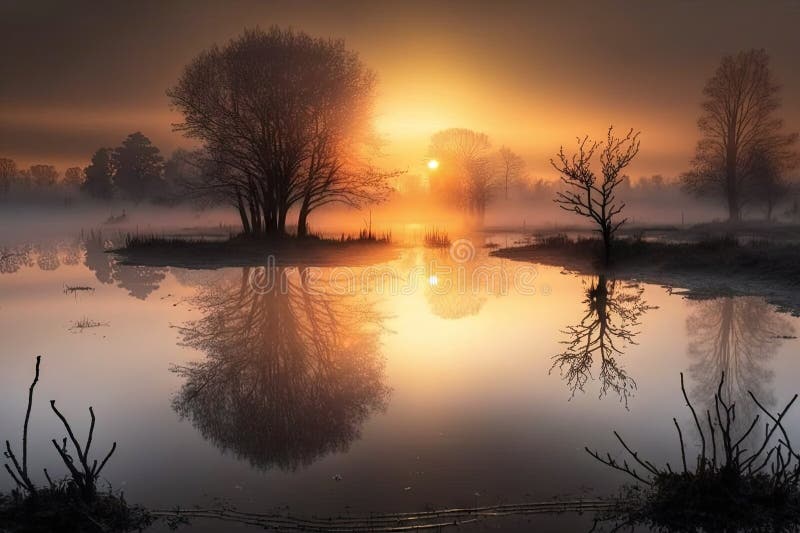 Misty Sunrise Over Forest, with Mist Rising from the Trees Stock Photo ...