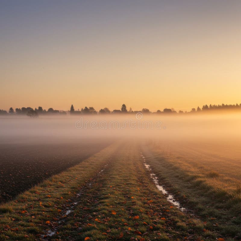 Misty Sunrise Over Forest, with Mist Rising from the Trees Stock ...