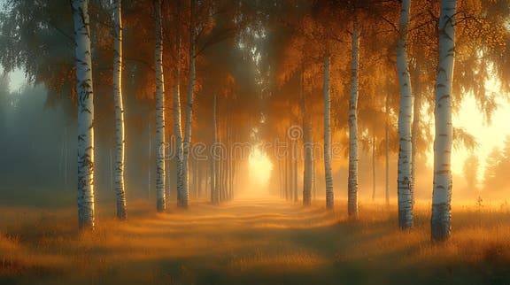 Misty Sunrise Path through Autumn Birch Forest Stock Illustration ...
