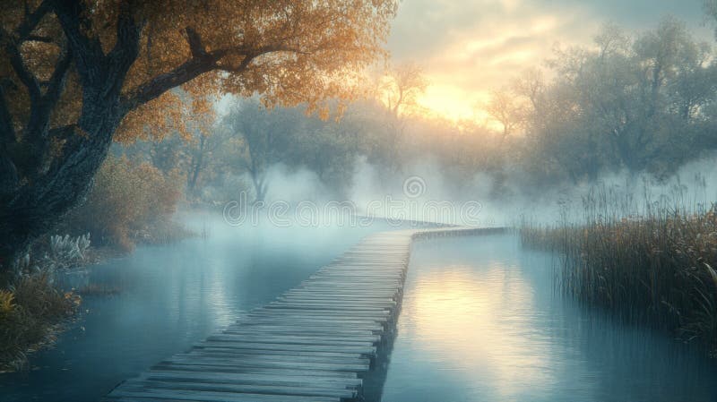 Misty Sunrise Path Over Still River Stock Illustration - Illustration ...