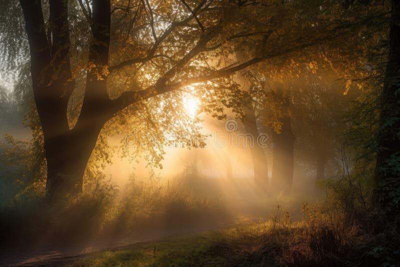 Misty Sunrise, with Rays of Sunlight Filtering through the Mist and ...