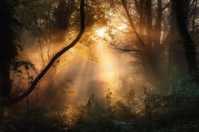 Misty Sunrise, with Rays of Sunlight Filtering through the Mist To ...