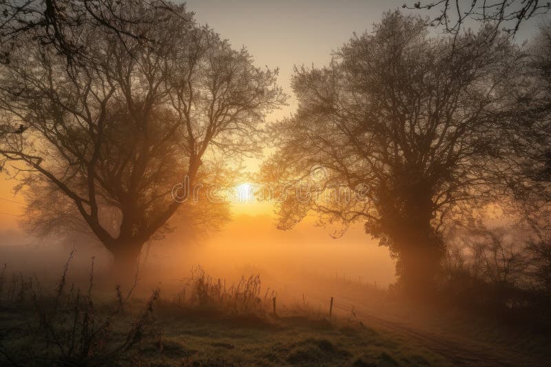 Misty Sunrise, with the Sun Rising Over Trees and Mist Stock Photo ...
