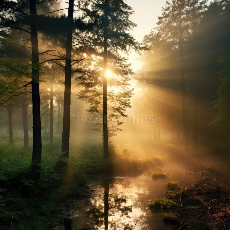 Misty Sunrise Over Forest, with Mist Rising from the Trees Stock ...