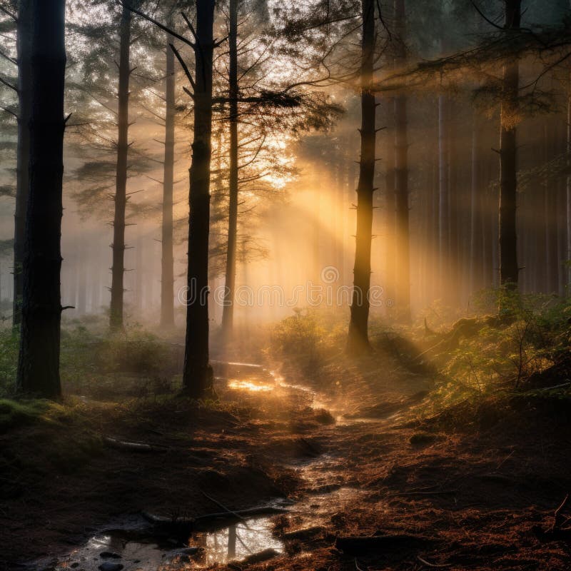 Misty Sunrise Over Forest, with Mist Rising from the Trees Stock ...