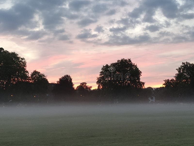 Misty Sunset Atmospheric Open Field Fog Dense Stock Image - Image of ...