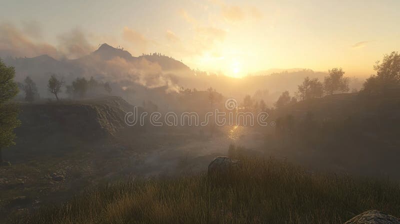 Misty Sunset Landscape with Rolling Hills, Trees, and a River Stock ...