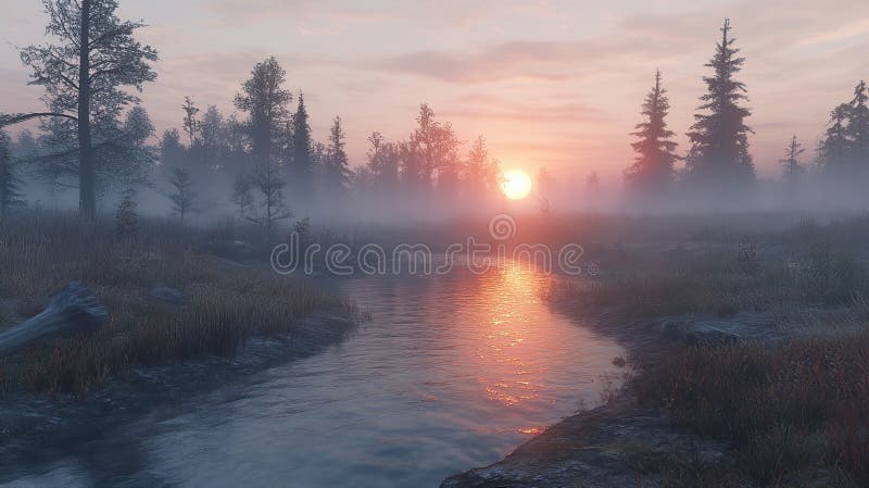 Sunset Stream in Forest. a Peaceful Stream Flows through a Dense Forest ...