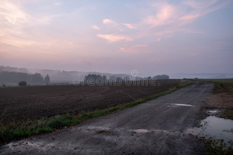 Misty Sunset, Plowed Field, Red Clouds, Landscape Stock Photo - Image ...