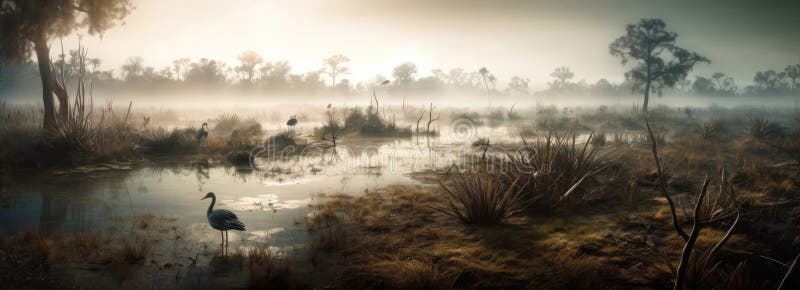 A Misty Swamp with Dangerous Creatures Panoramic Background. Generative ...
