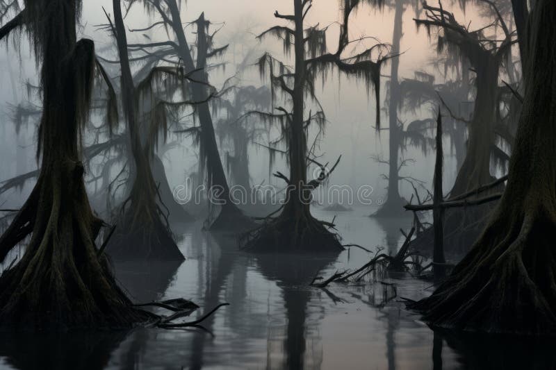 Misty Swamp with a Dense Forest of Trees Stock Illustration ...
