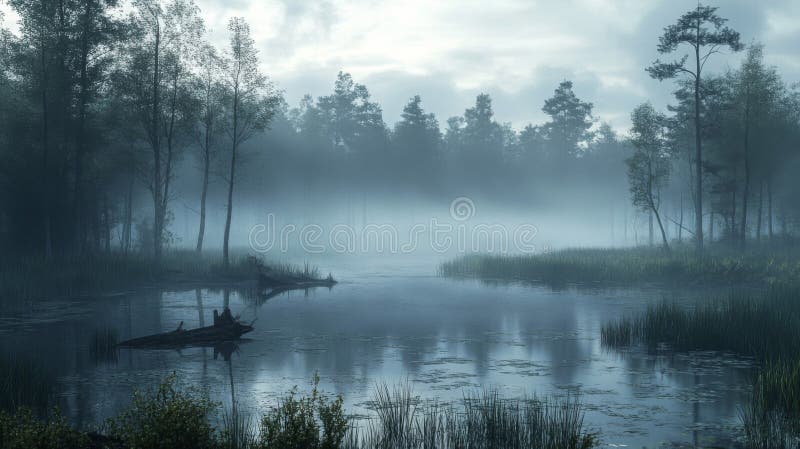 Misty Swamp Forest Landscape with Still Water Reflection Stock ...