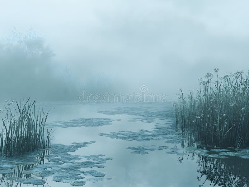 A Misty Swamp with Reflective Water Surfaces Stock Illustration ...