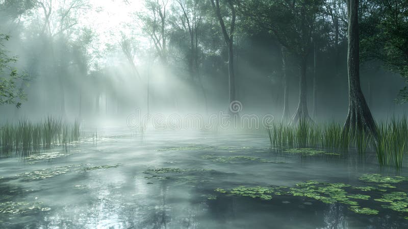 A Misty Swamp with Reflective Water Surfaces Stock Illustration ...